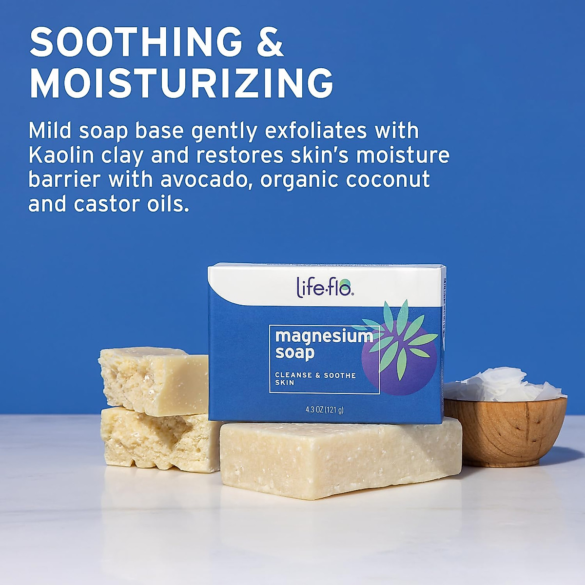 LIFE-FLO Magnesium Bar Soap, Moisturizing Body and Hand Soap with Magnesium Chloride from the Zechstein Seabed Plus Avocado and Organic Coconut Oil, Soothing and Balancing, 60-Day Guarantee, 4.3oz