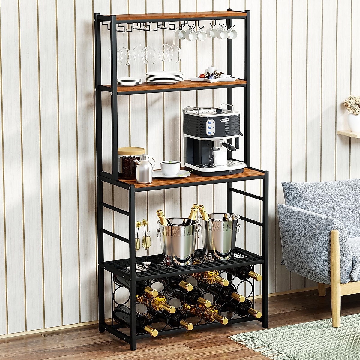 FIDVEKL Wine Rack Freestanding Floor, 5-Tier Industrial Wine Rack Freestanding Floor with Glass Holder and Wine Storage for Home Kitchen Dining Room, Rustic Brown