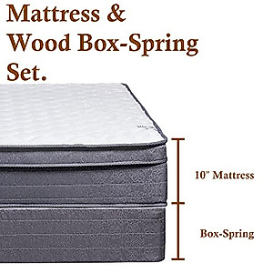 Spring Coil 10-Inch Plush Foam Encased Hybrid Eurotop Innerspring Mattress and 4" Wood Low Profile Boxspring/Foundation Set, Full xL