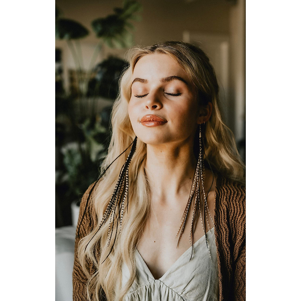 Feather Headz Bohemian handmade Black & Grizzly long lightweight feather dangle earrings for women