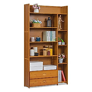 MoNiBloom 5 Tier Bookcase with 2 Drawers, Bamboo Large Multifunctional Shelf Storage Organizer Book Display Shelves for Home Living Room Office, Brown