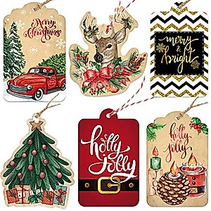 Christmas Gift Name Tags 60 Count with Untied String -15 Assorted Foil, Printed Designs to and from Labels for Xmas Present Wrapping