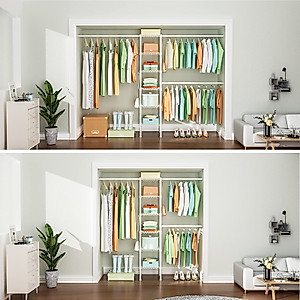 Ulif M1 Closet Storage Organizer System, 6 Tiers Heavy Duty Metal Garment Rack with 3 Expandable Hanger Rods, Wall Mounted Space Saver Suits from 5.4-8.7 ft. Width, 71.2”H x 14”D, 700LBS, White