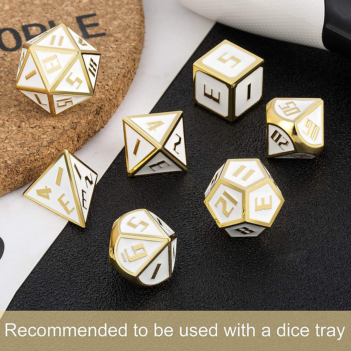 ALLCOLORED 16mm DND Metal Dice Set White Gold 7 Pieces Polyhedral Dice D&D with Metal Case and Velvet Bag for Playing Tabletop Roleplay Games Dungeons and Dragons