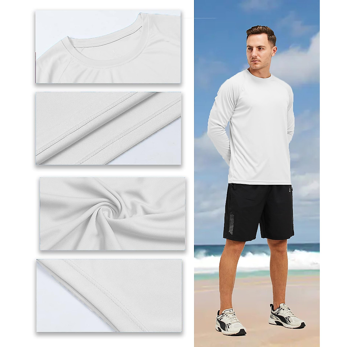 Men's UPF 50+ Long Sleeve Shirts UV Sun Protection Quick Dry Workout Shirts for fishing Running Hiking white S