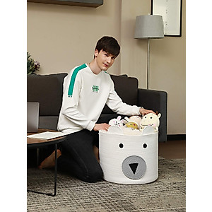 Bear Basket, Animal Basket, Large Cotton Rope Basket, Large Storage Basket, Woven Laundry Hamper, Cloth Storage Bin, for Clothes in Bedroom (White, 18"x15")