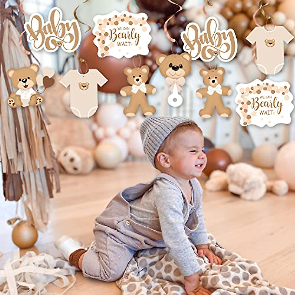 20Pcs Neutral Cream Bear Baby Shower Party Hanging Swirls, Nude Teddy Bear Foil Ceiling Swirls Decor, Boho Brown Bear Kids Birthday Gender Reveal Wedding Bridal Shower Grad Anniversary Party Supplies