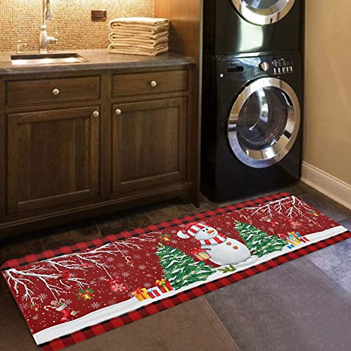 Libaoge Kitchen Mat Rug 1 PCS Christmas Snowman Xmas Tree Bird Red Black Plaid Runner Rug Anti-Fatigue Comfort Memory Foam Standing Mat Non-Slip Floor Door Mat for Bathroom Bedroom 16x47in