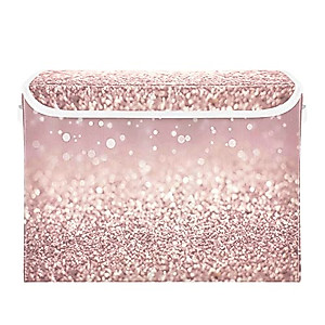 KEEPREAL Rose Gold Glitter Texture Storage Basket Bin with lid, Large Cube Storage Box Collapsible Storage Organizer for Home Office Closet - 16.5 L x 12.6 W x 11.8 H