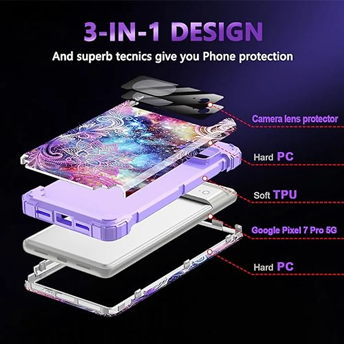 Uamark for Google Pixel 7 Pro Case,Three Layer Heavy Duty Sturdy Shockproof Full Body Drop Protective Women Girl Cover with 2 Camera Lens Protector Case for Google Pixel 7 Pro 5G (2022),Purple