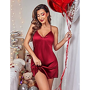 Ekouaer Women Sleepwear Satin Lingerie Chemise Nightgown Babydoll Nightwear Silk Slip Dress Wine Red