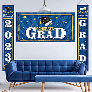 RONRONS 3 Pieces Graduation Party Decoration Banner Set, 2023 Grad Graduation Porch Sign, Front Door Wall Yard Hanging Background Signs for Indoor Outdoor School College (Blue)