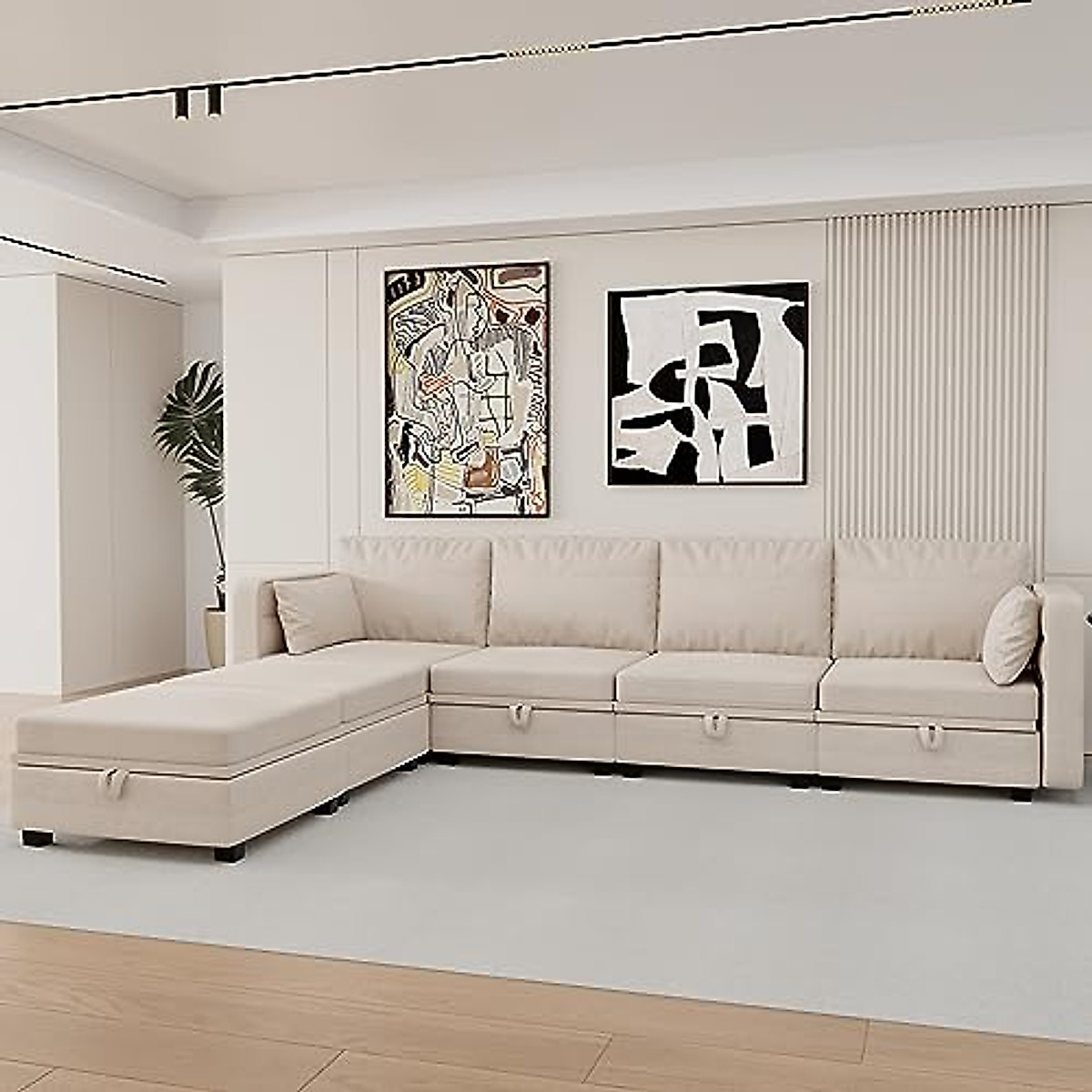 kevinplus 110" Modular Sectional Sofa Couch for Living Room, Modern Contemporary 4-Seat U-Shape Sofa Couch with Storage Seat & Reversible Ottoman for Apartment Office, Linen Fabric, Beige