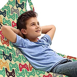 Lunarable Gamer Lounger Chair Bag, Digital Illustration of Retro Style Elements Game-pad Console Gadget Joystick, High Capacity Storage with Handle Container, Lounger Size, Beige Multicolor