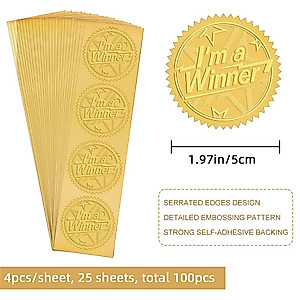 CRASPIRE 2 Inch Gold Embossed Envelope Seals Stickers I’M A Winner 100pcs Adhesive Embossed Foil Seals Stickers Label for Wedding Invitations Gift Packaging
