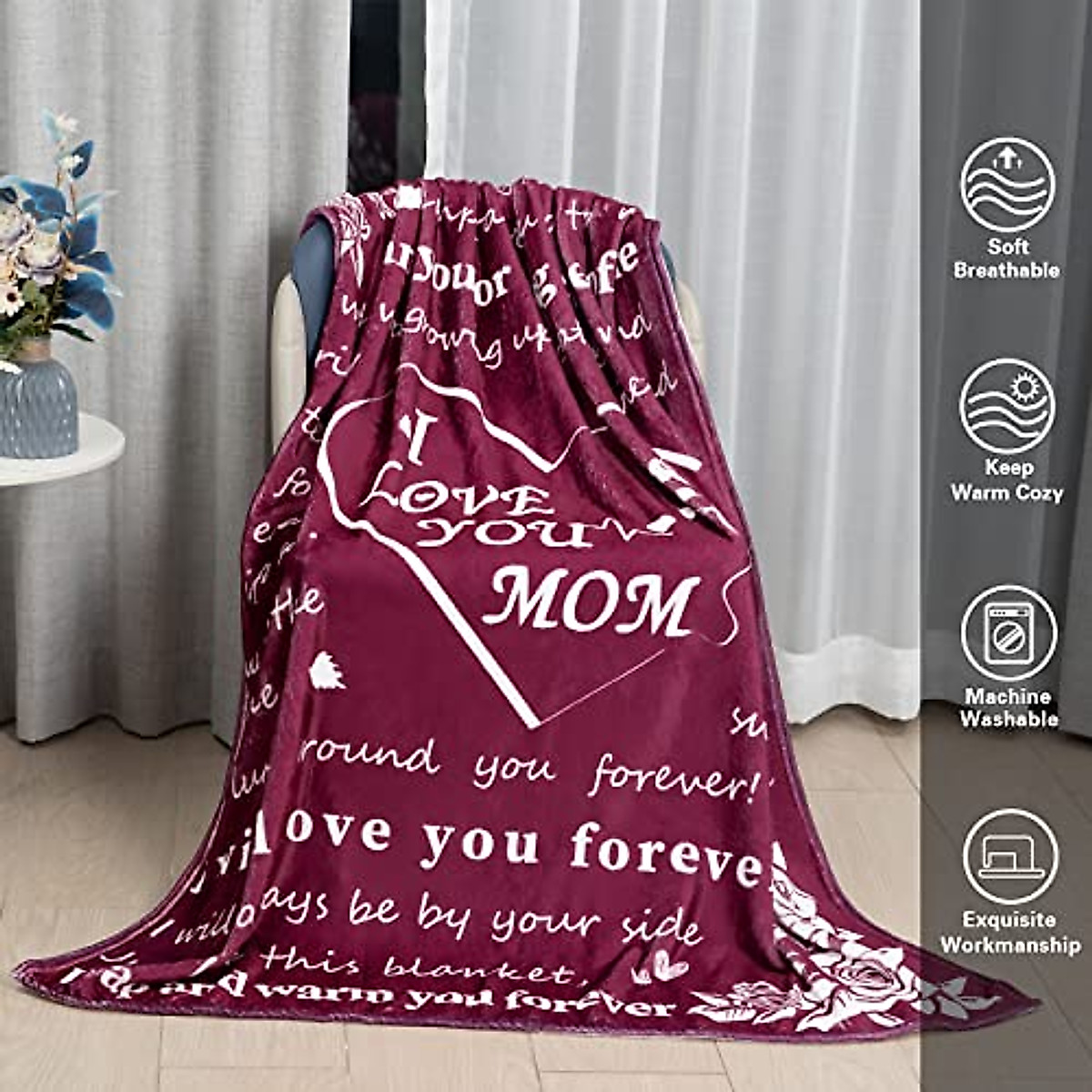 SRIZIAN Gifts for Mom, Birthday Gifts for Mom, I Love You Mom Gift Blanket, with Printed Blanket, Unique Mom Gift from Daughter or Son for Valentine's Day, Birthday, Thanksgiving, Christmas