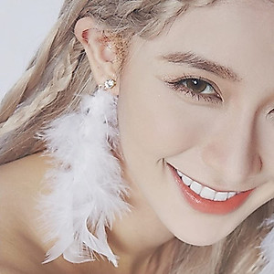 Jemant White Feather Earrings For Women Boho Style Long Faux Pearl Tassel Chain Cubic Zirconia Dangle Drop Aesthetic Elegant Black Feather Earrings For Bride Mothers Wife (White)