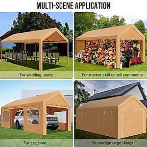SARORRA Carport, 10'x20' Heavy Duty Carport with Roll-up Ventilated Windows, Portable Garage with Removable Sidewalls & Doors for Car, Truck, Boat, Wedding Party, Outdoor Camping, UV Resistant (Beige)