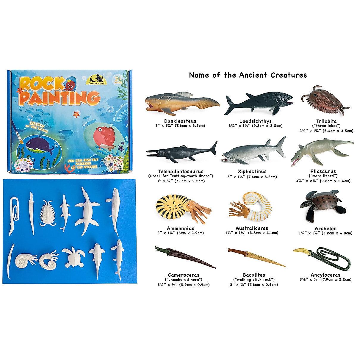 Cookie & Milo Rock Painting Kit; Arts & Crafts for Kids; Glowing in The Dark; Hide & Seek Rock Kits; Kids Painting Kit; Boys Gift; Girls Gift; 6 Rocks 12 Ancient Ocean Creature, Sea Monsters Figures