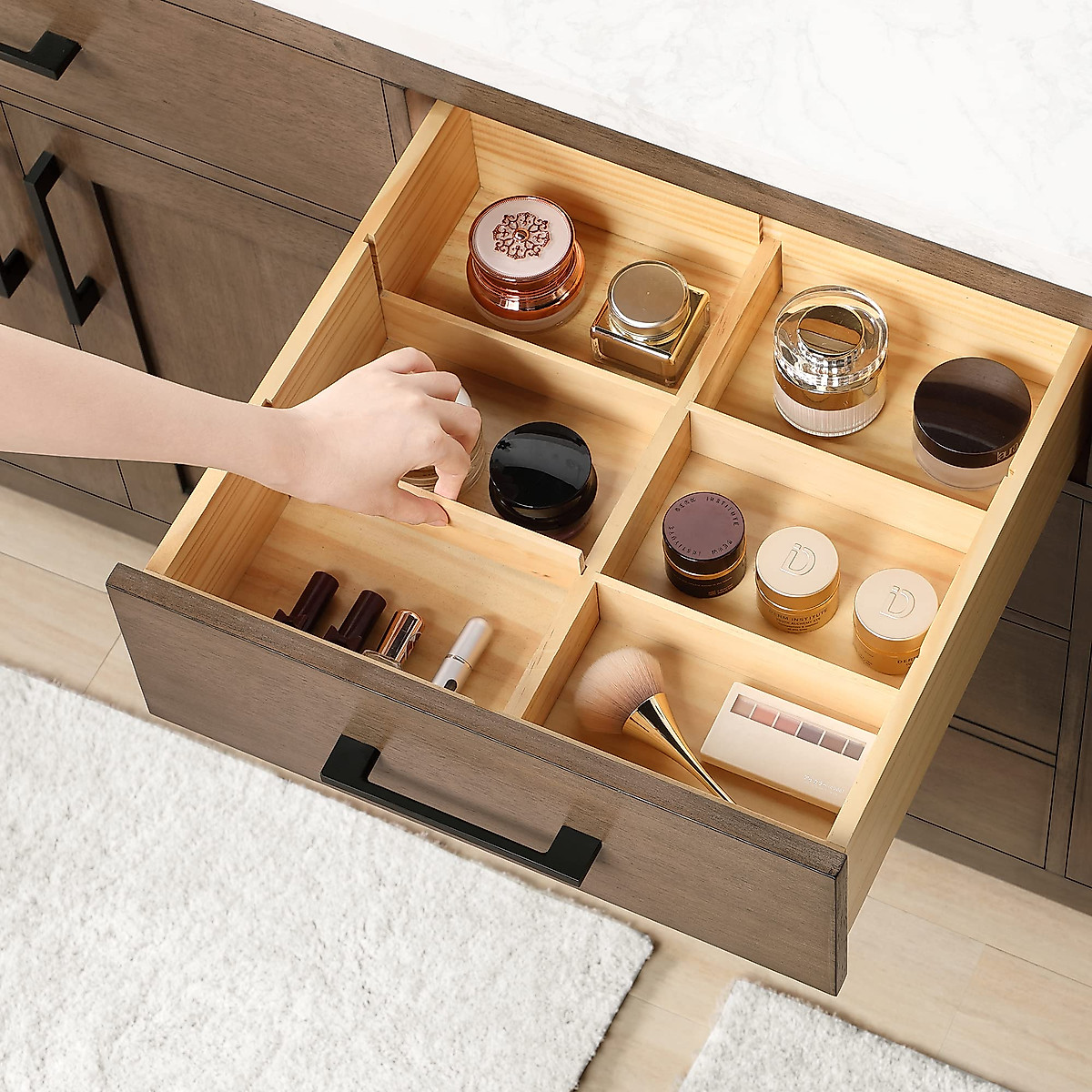 OVE Decors Maya Plus 72 in. Double Sink Bathroom Vanity in Almond Latte Finish, Black Hardware and Included Power Bar