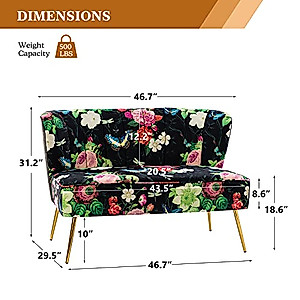 HULALA HOME Mid-Century Loveseat Sofa with Metal Legs, Comfy Upholstered Small Love Seat Couch, Floral Patterns 2-Seat Armless Couch with Tufted Back for Living Room, Apartment Small Spaces(Black)