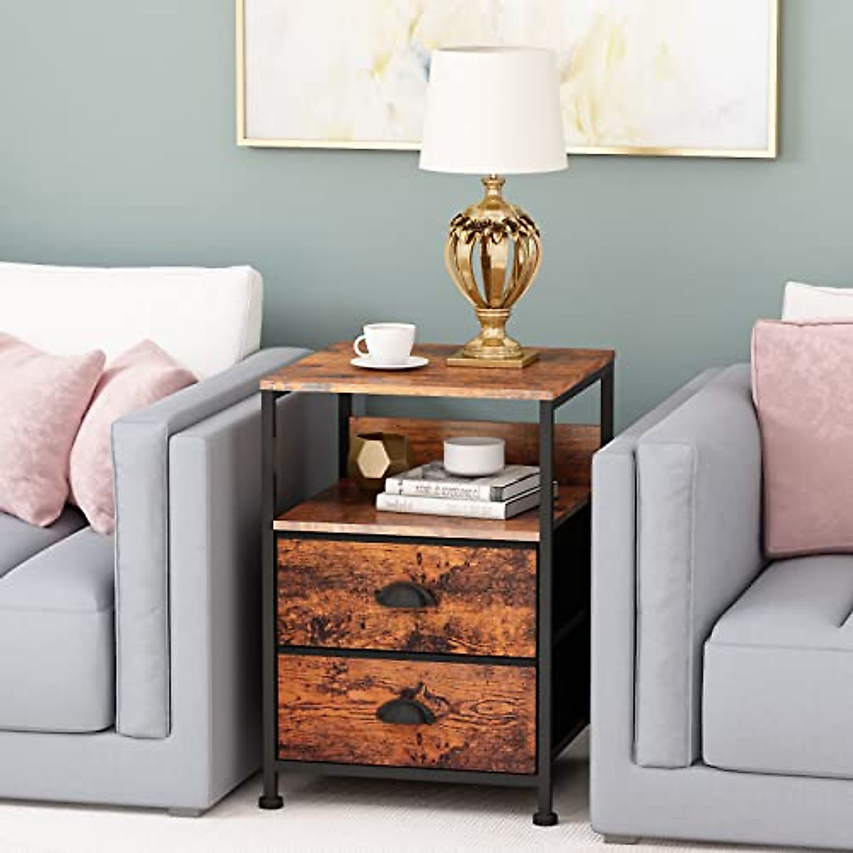 Furologee Tall 6-Tier Bookshelves, Rustic Bookcase with 2 Drawers, Nightstand with 2 Drawers, End Table with Storage Shelf for Bedroom, Living Room, Rustic Brown