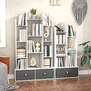 Unikito Bookshelf with Drawer Free Standing Bookcase, Office Storage Shelf Organizer with 7 Open Book Shelves, Industrial Wood Book Case Display Rack for Bedroom, Living Room, Home Office, White