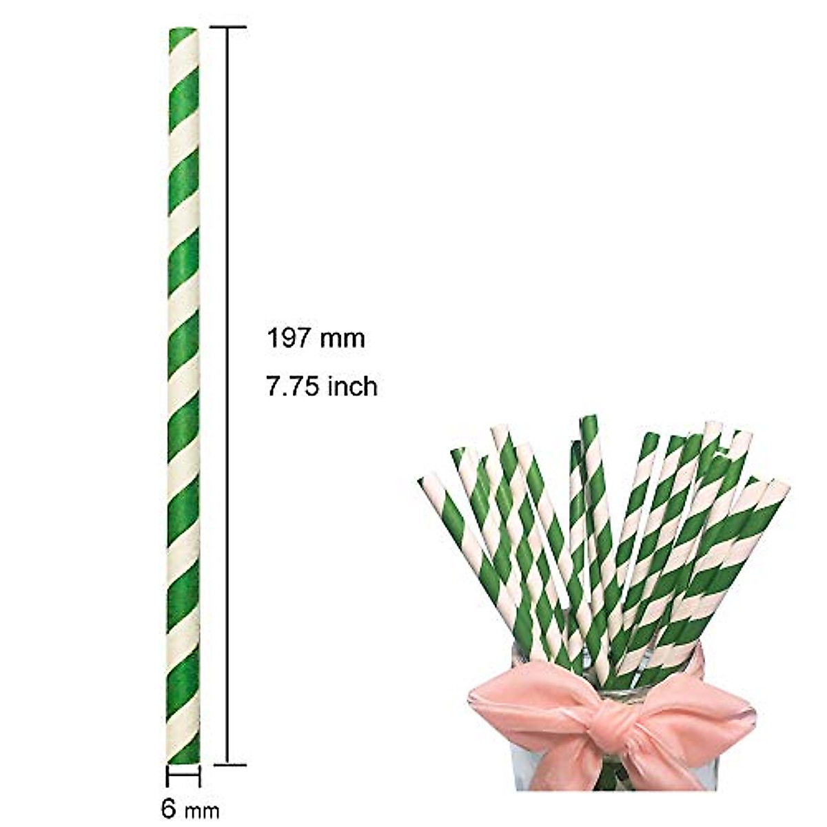 100 Pack Green And White Paper Drinking Straws, 7.75 Inches Green Striped Drinking Straw Cake Pop Stick