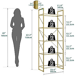 YITAHOME Acrylic Gold Bookshelf, 5 Tiers Modern Open Bookcase, Display Shelf Storage Rack for Bedroom, Living Room, Kitchen, Home Office, Gold&Acrylic