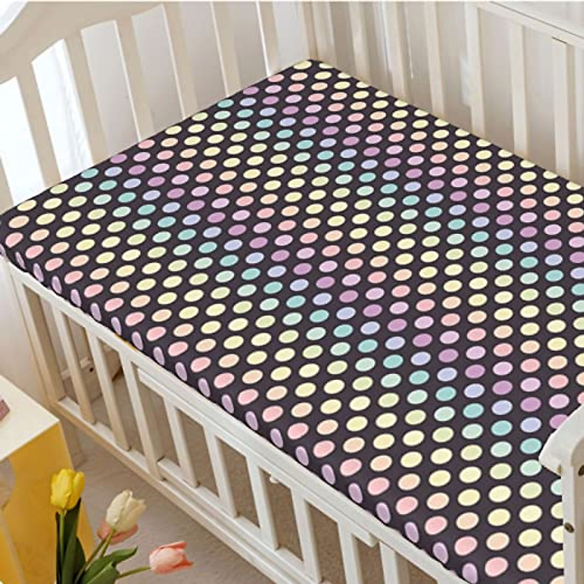 Polka Dots Themed Fitted Crib Sheet,Standard Crib Mattress Fitted Sheet Soft & Stretchy Fitted Crib Sheet-Great for Boy or Girl Room or Nursery,28“ x52“,Multicolor