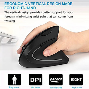 Ergonomic Mouse, Vertical Wireless Mouse - LEKVEY Rechargeable 2.4GHz Optical Vertical Mice : 3 Adjustable DPI 800/1200/1600 Levels 6 Buttons, for Laptop, PC, Computer, Desktop, Notebook etc, Black