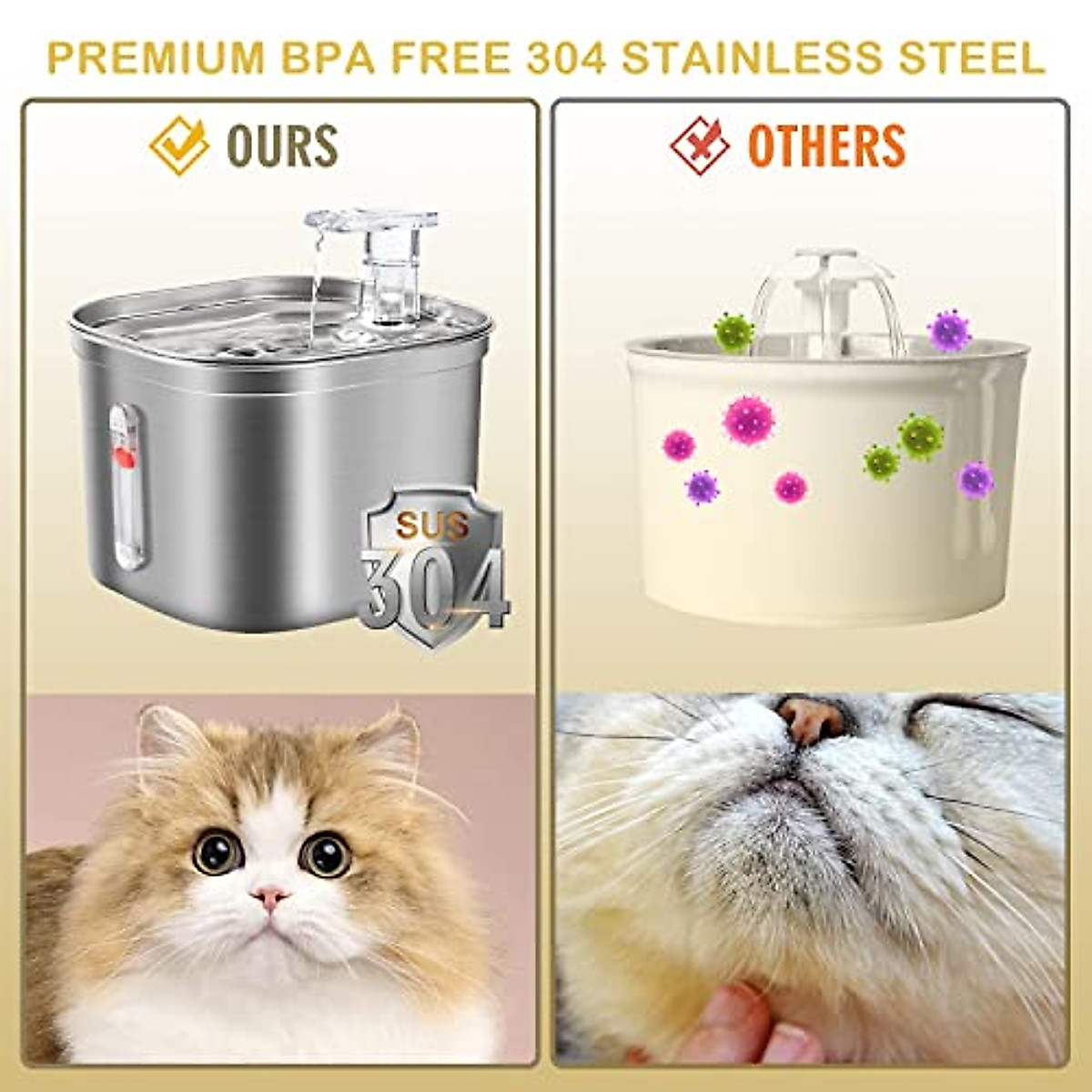 JCHOPE Cat Water Fountain Stainless Steel, 74oz/2.2L Automatic Circulating Pet Water Fountain with Faucet Design & 3 Flow Speeds, Ultra Quiet Cat Fountain Water Bowl with Triple Filter for Cats Dogs