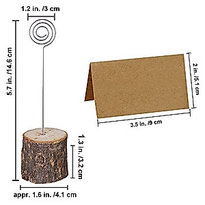 Supla 20 Pcs Rustic Wood Place Card Holders with Swirl Wire Wooden Bark Memo Holder Stand Card Photo Picture Note Clip Holders 5.8" and Kraft Place Cards Bulk for Wedding Party Table Number Name Sign