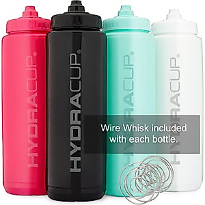 Hydra Cup - 4 PACK - 32oz Squeeze Water Bottles Bulk Set, BPA FREE, For Sports, Cycling, Bike, Quick Squirt Hydration, Shaker Cup Wire Whisk Included