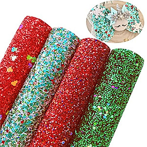 Greatdiy Sparkly Christmas Faux Leather Sheets 8x12 inch Shiny Mixed Red and Green Tinsel Chunky Glitter Fabric for Bows Crafts (Red-Green)
