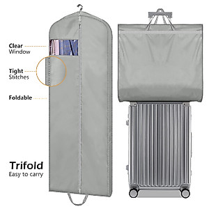 MISSLO 65" Long Garment Bags for Travel Dress Bags Wedding Dress Cover Waterproof Clothing Bags Storage Traveling Clothes Protector for Closet Wardrobe Bags 2 Packs for Gowns, Tuxedos, Coats, Gray