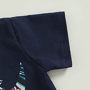 Western Baby Girl Clothes Cow Letter Print Short Sleeve Tshirt and Shorts Headband Set Boho Summer Clothes (Navy Blue,0-3 Months)