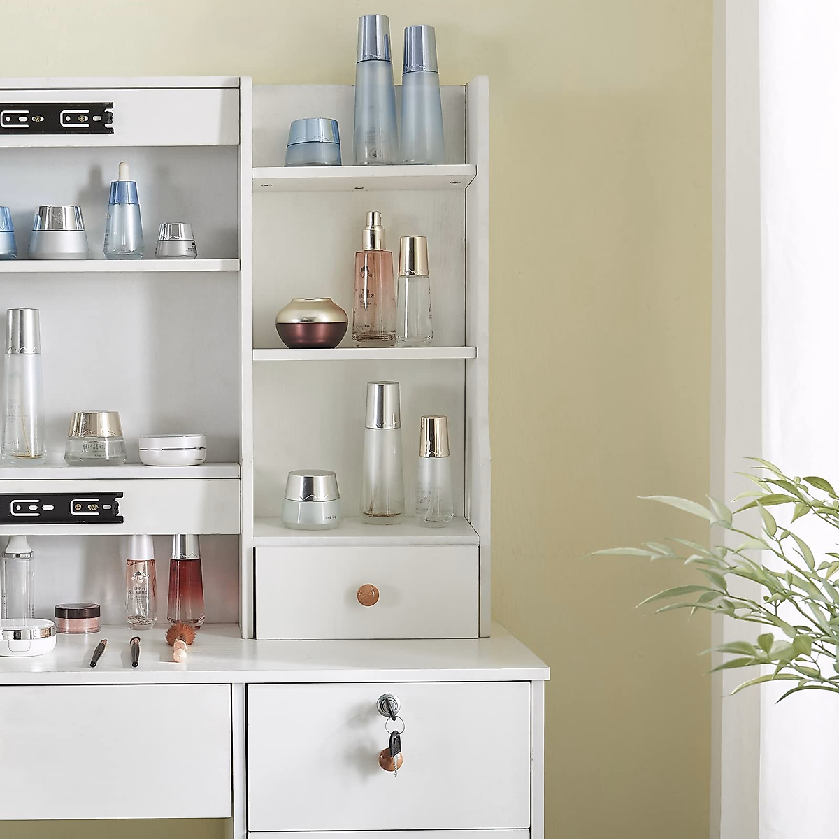 Makeup Vanity Dressing Table with Drawers and Lighted Mirror, White Vanity Set Dresser Desk and Cushioned Stool (US1905)