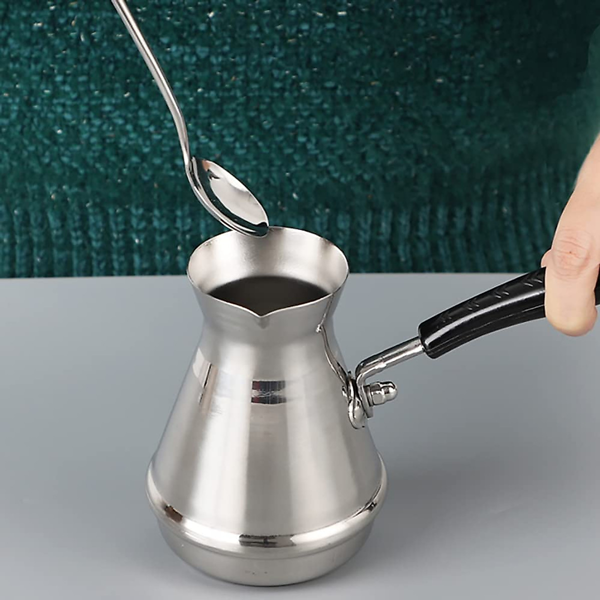 Turkish Coffee Pot Stainless Steel Milk and Coffee Warmer Chocolate and Butter Melting Pot with Heat Resistant Handle (L (21oz))