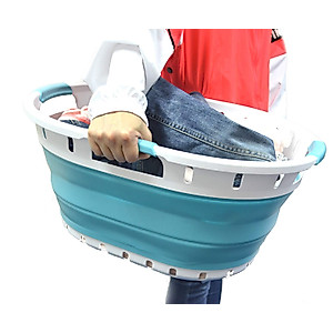 SAMMART 36L (9.5 gallon) Collapsible 3 handled Plastic Laundry Basket - Oval Basket - Foldable Storage Container/Organizer - Space Saving Laundry Hamper (2, White/Bright Blue)