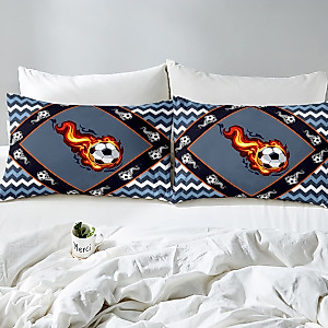 Erosebridal Soccer Sheet Set for Kids Boys Girls,Black Blue Geometric Striped Bed Sheets King,Flame Football Bedding Set,Modern Sports Ball Print Fitted Sheet + Top Sheet + 2 Pillowcases