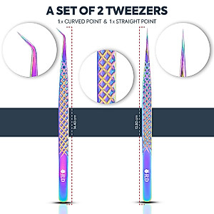 Eyelash Extension Tweezers Lash Extension Precision Tweezers Straight & Curved with Diamond Grip Set of 2 Pieces Rainbow Colour 14cm Multicolor