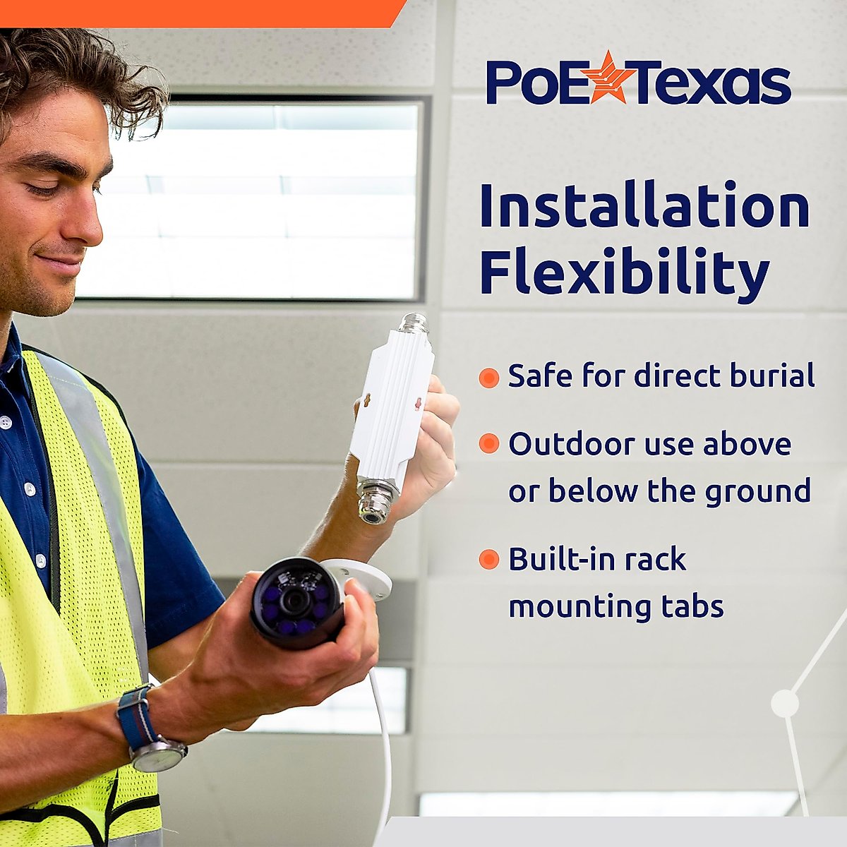 PoE Texas PoE++ Extender - Outdoor PoE Repeater - IP67 Waterproof and Direct Burial Capable - High-Speed Ethernet Booster Extends Power and Gigabit Data Range by 100m - IEEE 802.3bt/at/af Compliant