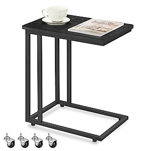 VASAGLE End Table, C Shaped TV Tray with Metal Frame Rolling Casters for Coffee Laptop Mobile Tablet, Industrial Side Table for Living Room Bedroom, 19.7 x 13.8 x 23.6 Inches, Ebony Black, ULNT050B56