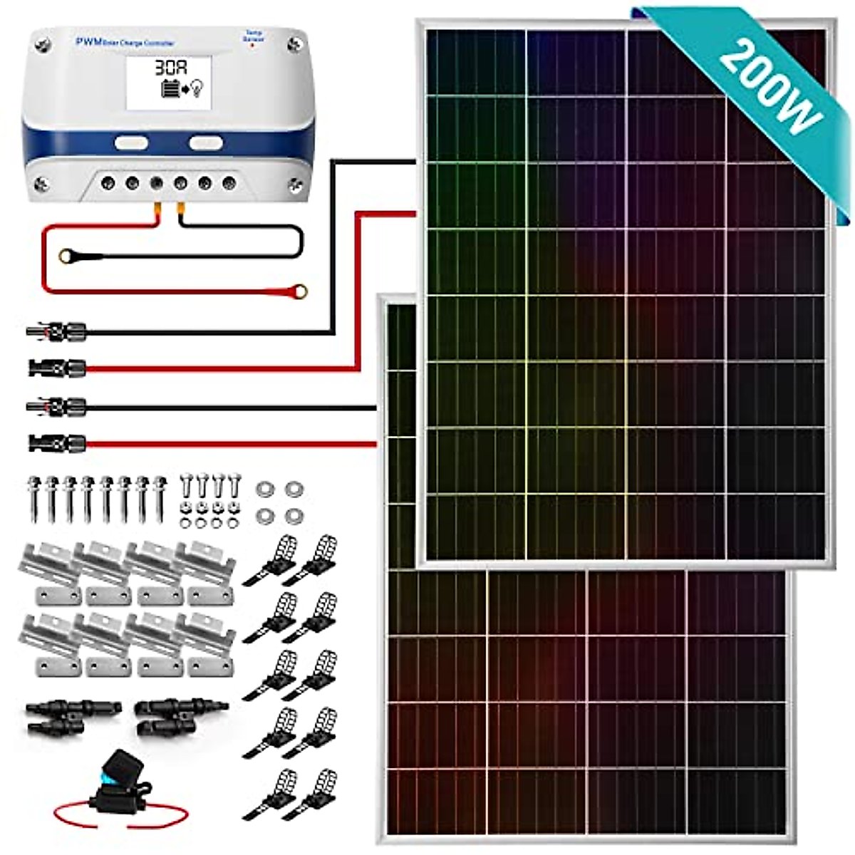 Serenelife 200 Watt Portable Solar Panel Kit, 2 Pcs 100W Monocrystalline Set with 30A PWM Controller