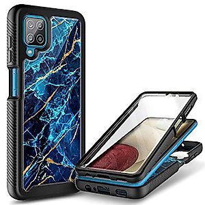 NZND Case for Samsung Galaxy A12 with [Built-in Screen Protector], Full-Body Protective Shockproof Rugged Bumper Cover, Impact Resist Durable Phone Case Cover (Marble Design Sapphire)