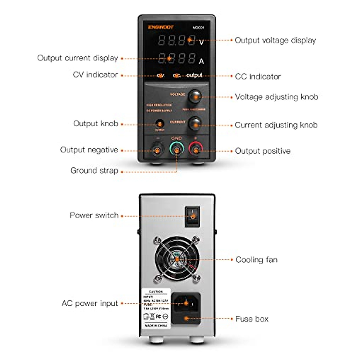 DC Power Supply Variable, ENGINDOT 30V 5A Adjustable DC Bench Power Supply with 4 Digit LED Display, Data Hold, Coarse and Fine Adjustment (10mV, 1mA) with 110V/45.3" Alligator Lead