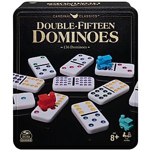 Spin Master Games, Cardinal Classics Double 15 Dominoes Set in Storage Tin, Classic Game, Christmas Gifts for Kids, Stocking Stuffers, for Ages 8+