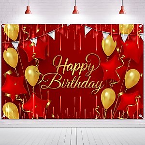Red and Gold Birthday Backdrop Banner Decorations for Girls Boys Women Men Happy Bday Background Photography Party Decor Sign Supplies