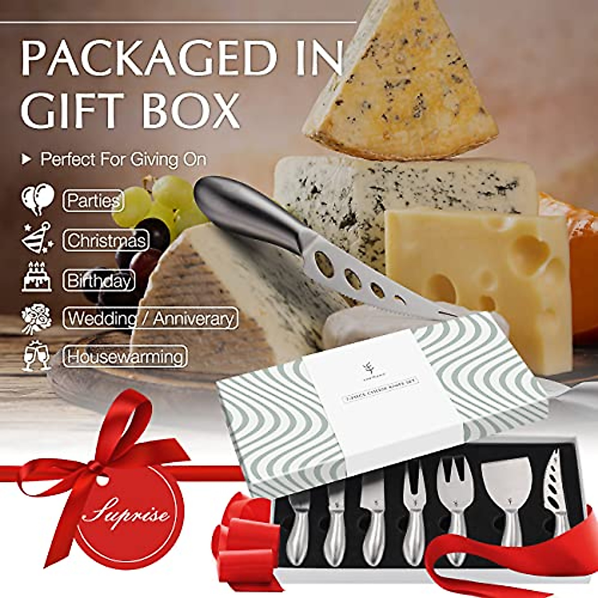 Soulhand 7-Piece Cheese Knife Set – Mini Stainless Steel Cheese Knives, Spreader, Forks for Hard, Soft and Creamy Cheese, Essential Short Handle Cheese Knives Set with Gift Box